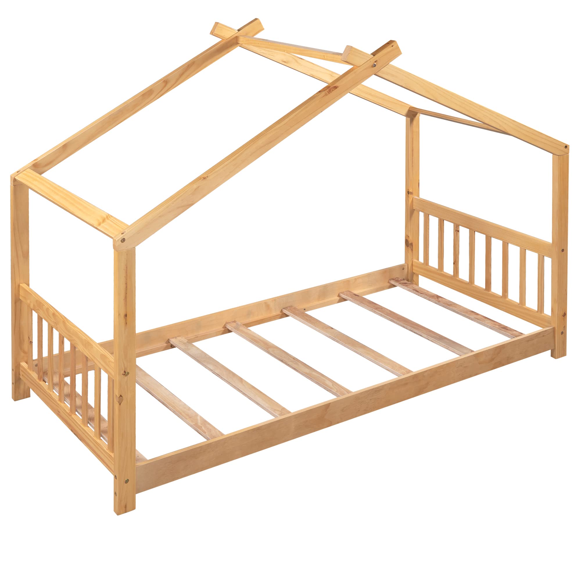 Harper & Bright Designs Toddlers House Platform Beds, Solid Wood Twin Size Floor Montessori Bed with Headboard & Footboard, House Cabin Bed Frame for Kids, Teens, Girls, Boys (Natural)
