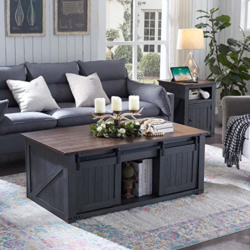 SinCiDo 48β Lift Top Coffee Table, Coffee Table with Storage & Sliding Groove Barn Door, Farmhouse Coffee Table Rustic Wood Cocktail Table w/Double Storage Spaces for Living Room, Dark Grey