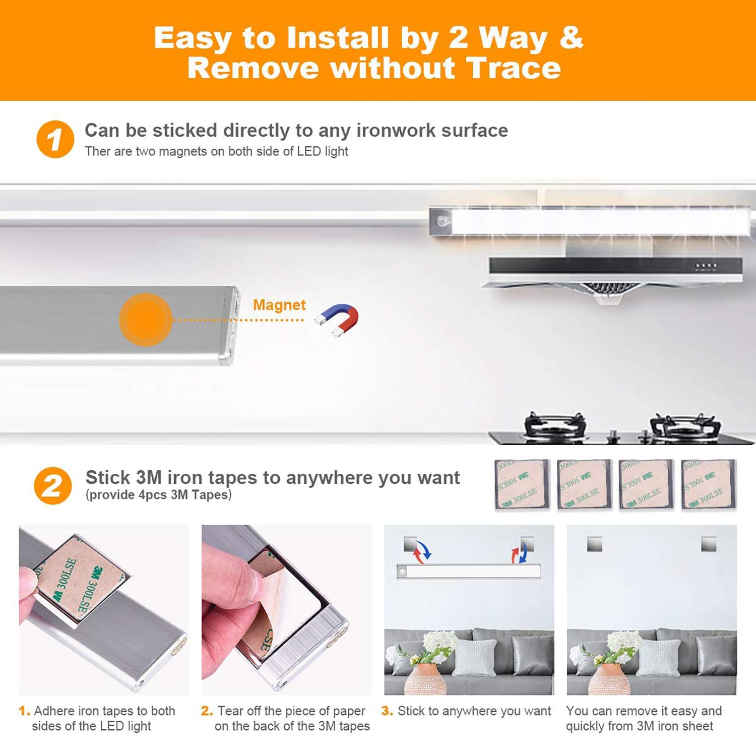 70-LED Under Cabinet Lights, 16 Inch Motion Sensor Under Counter Light with 1500 Mah Rechargeable Battery, Under Cabinet Lighting for Kitchen Wardrobe Hallway Stairs Camping