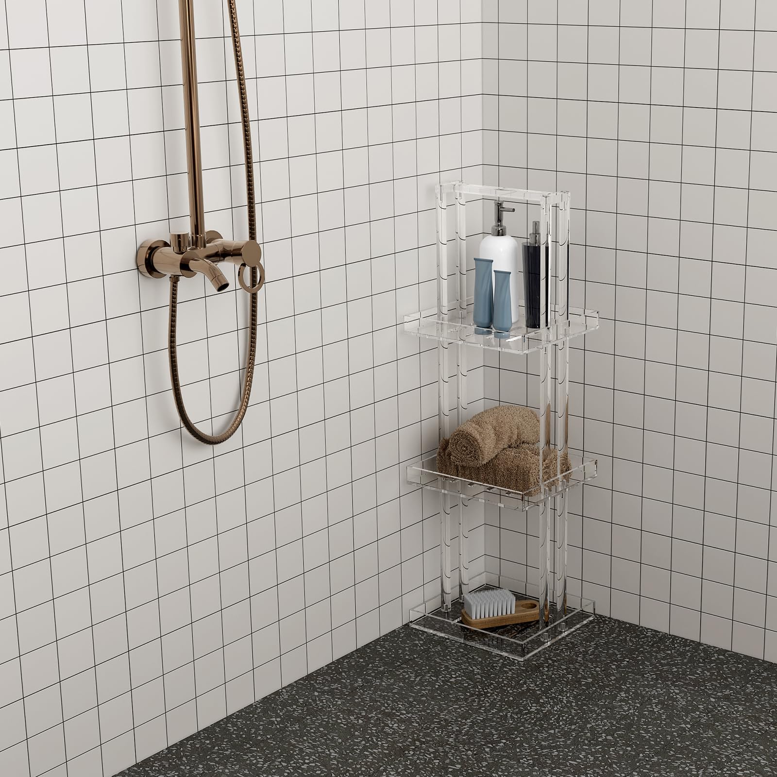 Aquiver Acrylic Standing Shower Caddy - 3 Tier Shower Organizer Stand with Handle - Corner Shower Caddy for Inside Bathroom, Bathtub, 11'' L x 10'' W x 34.6'' H, Clear