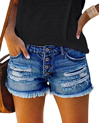 cordat Women Mid Rise Ripped Stretchy Jeans Shorts Frayed Raw Hem Casual Denim Shorts