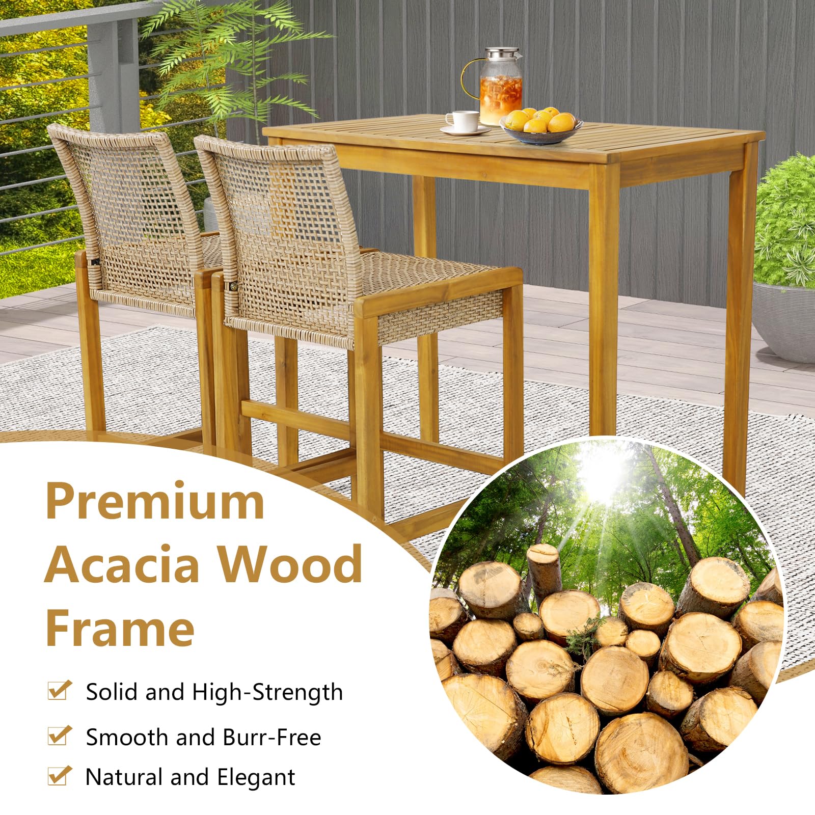 Tangkula Patio Wood Barstools Set of 2, PE Rattan Bar Height Chairs with Backrest, Stable Metal Frame, 400 lbs Max Load, Light Brown PE Wicker Bar Chairs for Porch, Backyard, Balcony (2)