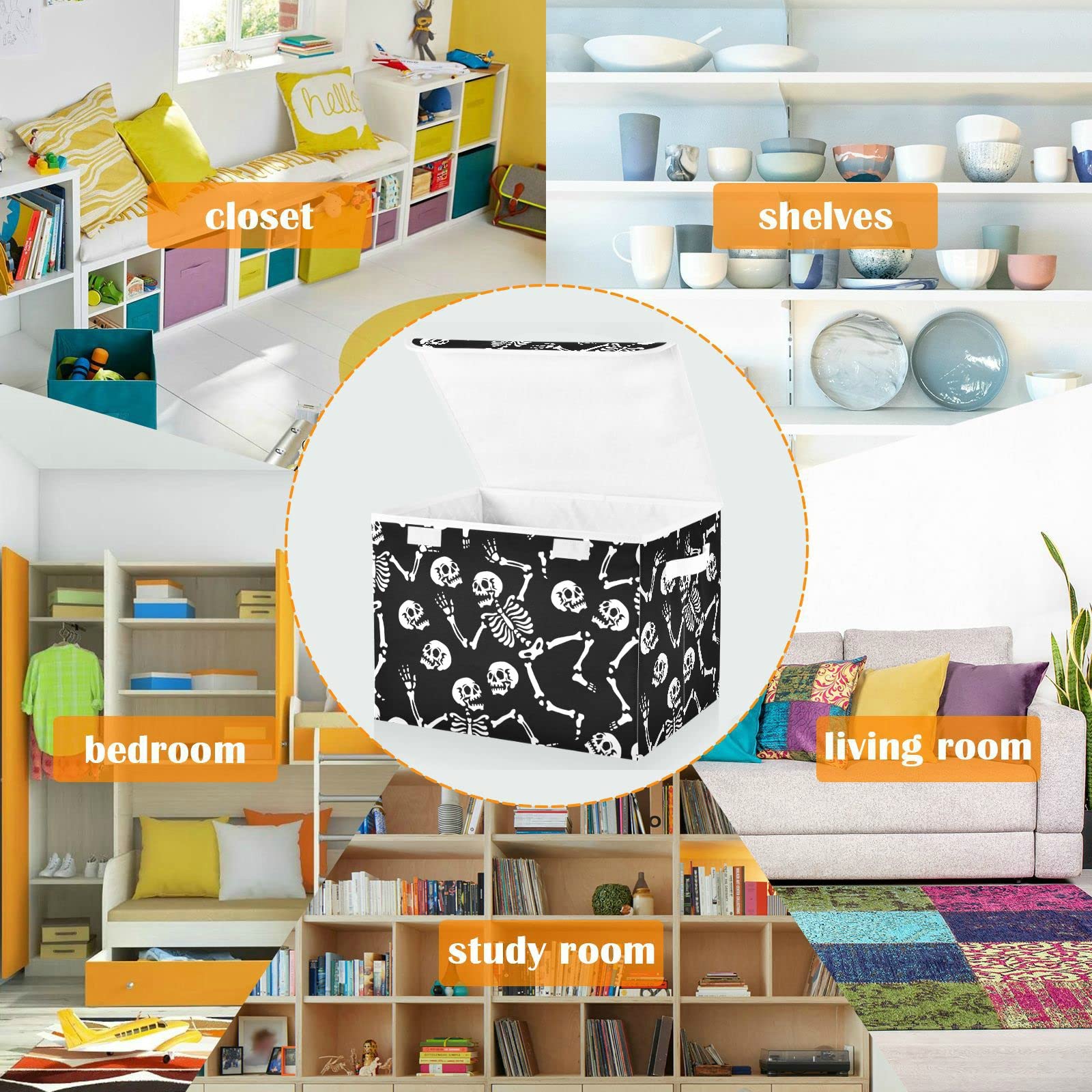 CaTaKu Skull Black Storage Bins with Lids,Halloween Fabric Large Storage Container Cube Basket with Handle Decorative Storage Boxes for Organizing Clothes Shelves