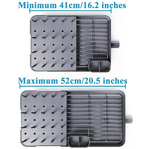 Dish Drying Rack - Expandable Dish Racks - Large Stainless Steel Dish Drainer for Kitchen Counter with Utensil Holder and Cup Holder, Grey