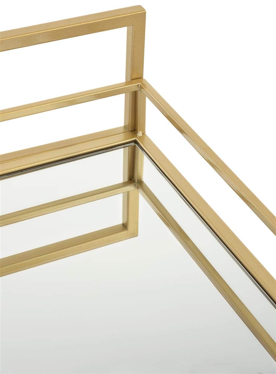 Displays2go Rolling Metal Bar Cart, Mirrored Glass Shelves, Four Swiveling Casters - Gold (FSBEVCART1)