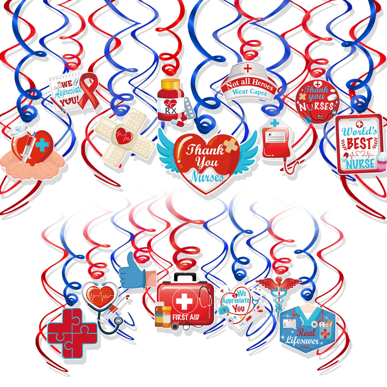 HOWAF Thank You Nurses Decoration Hanging Swirls - 30 Pieces Red and Blue Nurse Appreciation Week Party Decor - Medical Party, RN Party, Nurse Day, Happy Nurses Week Decorations