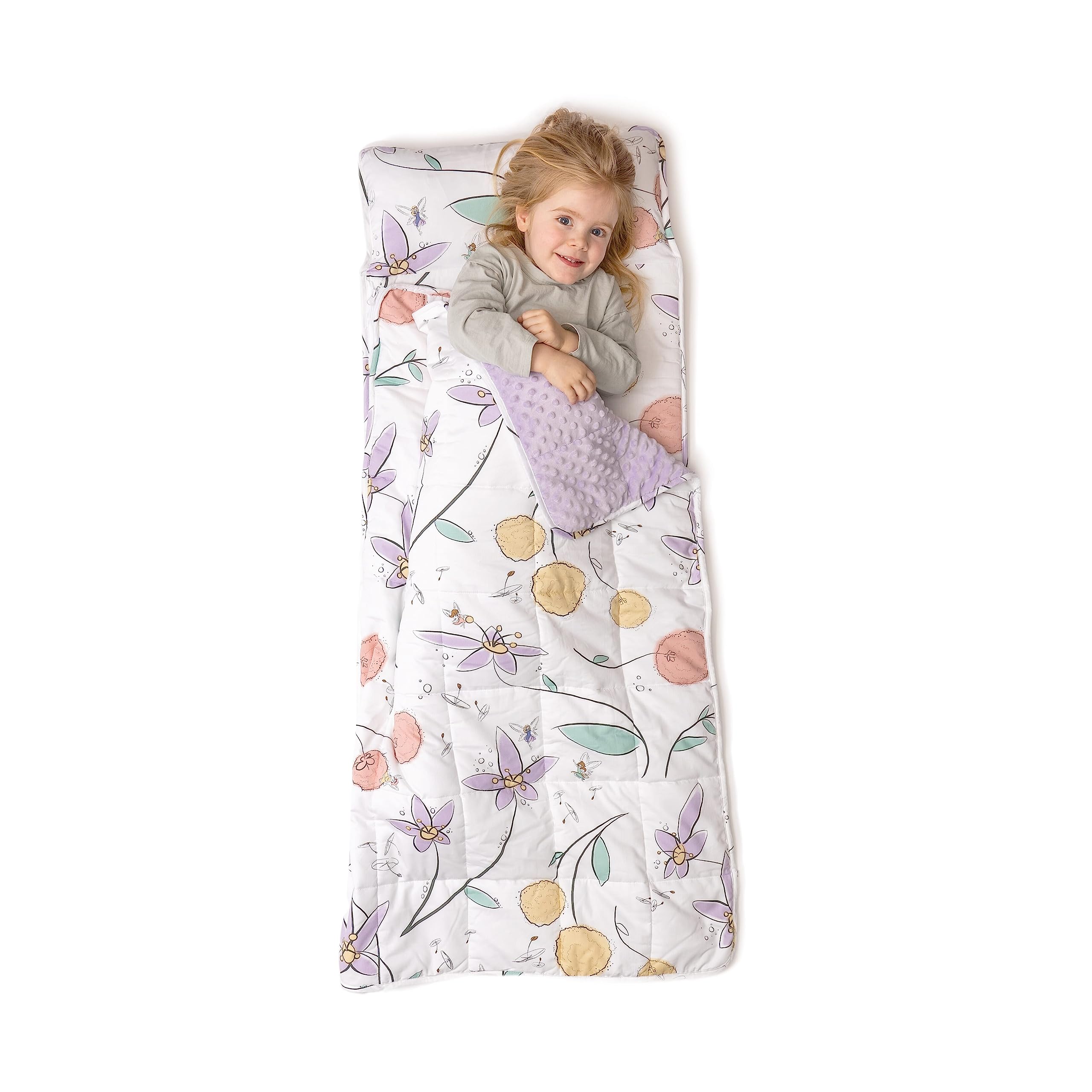 JumpOff Jo - Extra Long Toddler Nap Mat - Sleeping Bag for Kids with 5lb. Detachable Weighted Blanket and Removable Pillow for Preschool, Daycare, and Sleepovers - 53 x 21 Inches - Fairy Blossom