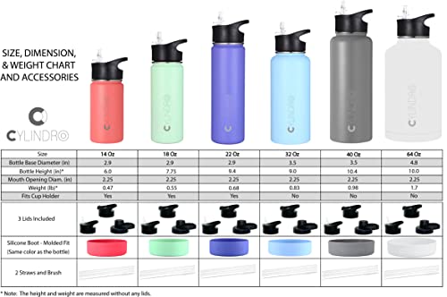 Cylindro Water Bottle, Triple-Layer Stainless Steel - 3 Lids, Vacuum Double Walled Copper Lined, BPA Free, w/ Silicone Boot, Hot & Cold - 22 Oz Veri Peri Purple