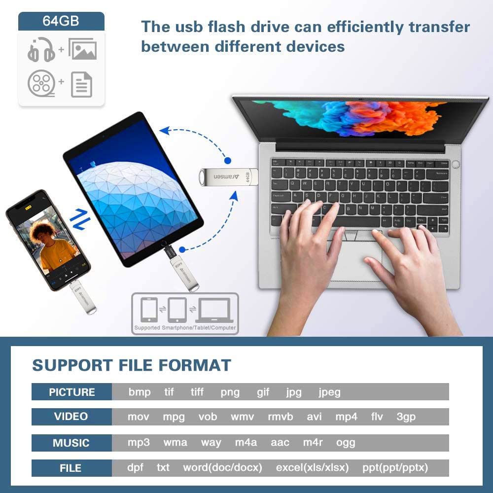 Aramsen Flash Drive 64GB Compatible for iPhone Photo Stick, USB 3.0 Flash Drive Photo Stick External Storage for iPhone/iPad/Android/PC (Silver)