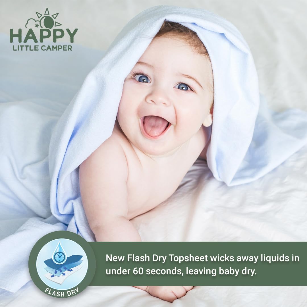 Happy Little Camper Ultra-Absorbent Natural Baby Diapers Size 5 - Hypoallergenic, Unscented & Chlorine-Free Disposable Diapers (150 Count) Come with Flushable Wipes (200 Count) for Sensitive Skin