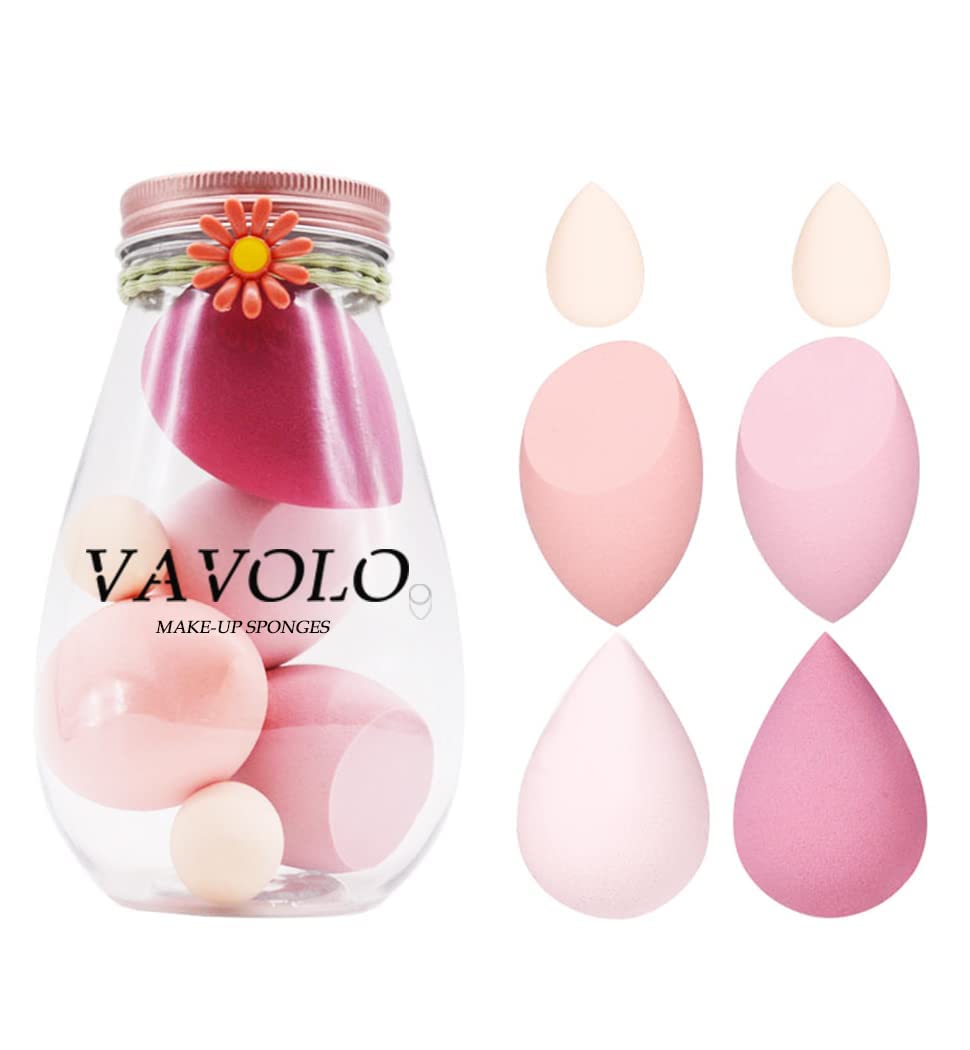 6pcs Daiso Pink Series Multi-color Makeup Sponge Set, Foundation Blending Beauty Blender, Flawless for Liquid Creams and Powders (A-PINK)
