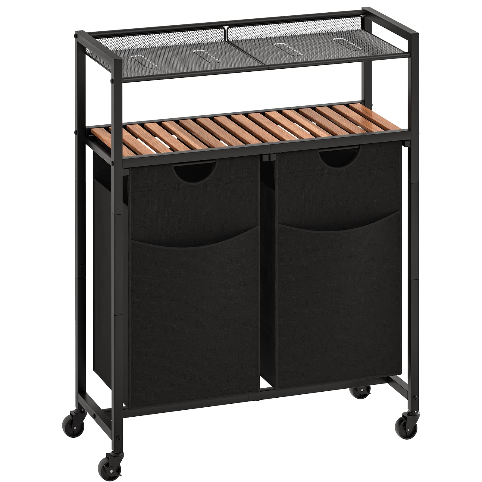 YATINEY Laundry Hamper with Wheels, Laundry Sorter 2 Section, Rolling Laundry Basket, 2 Pull-Out and Removable Laundry Bags, for Laundry Room, Badroom, Rustic Brown LS22BR