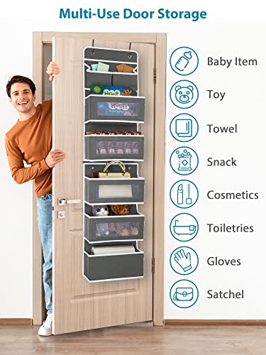 PARAKE 6-Shelf Over The Door Organizer, Flexible 1 Split into 2 Hanging Storage Door Organizer, Over The Door Storage with 5 Large Pockets, for Closet Pantry Bathroom Nursery Bedroom (Grey)