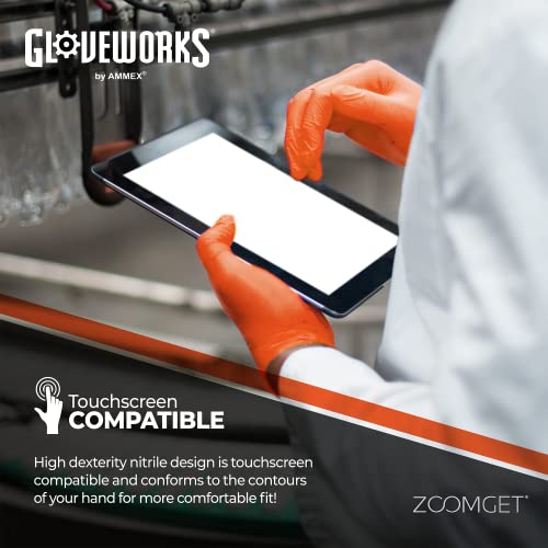 GLOVEWORKS HD Orange Nitrile Disposable Gloves, 8 Mil, Latex and Powder Free, Industrial, Food Safe, Raised Diamond Texture, Large, Case of 1000