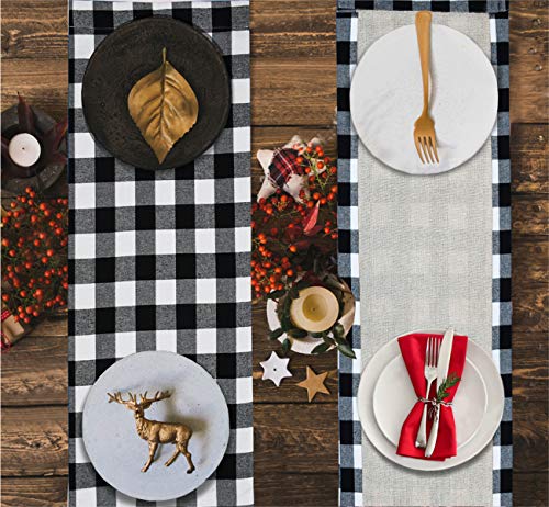 Senneny Christmas Table Runner Burlap & Cotton Black White Plaid Reversible Buffalo Check Table Runner for Christmas Holiday Birthday Party Table Home Decoration, 14 x 72 Inch