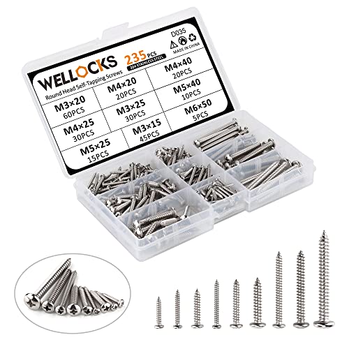 WELLOCKS Wood Screws 235 PCS 304 Stainless Steel M3/M4/M5/M6 Round Head Self Tapping Screws Assortment Set Rust Proof Wood Screw Kit with Storage Box for Homemade, Repairment, Woodwork Indoor(D035)