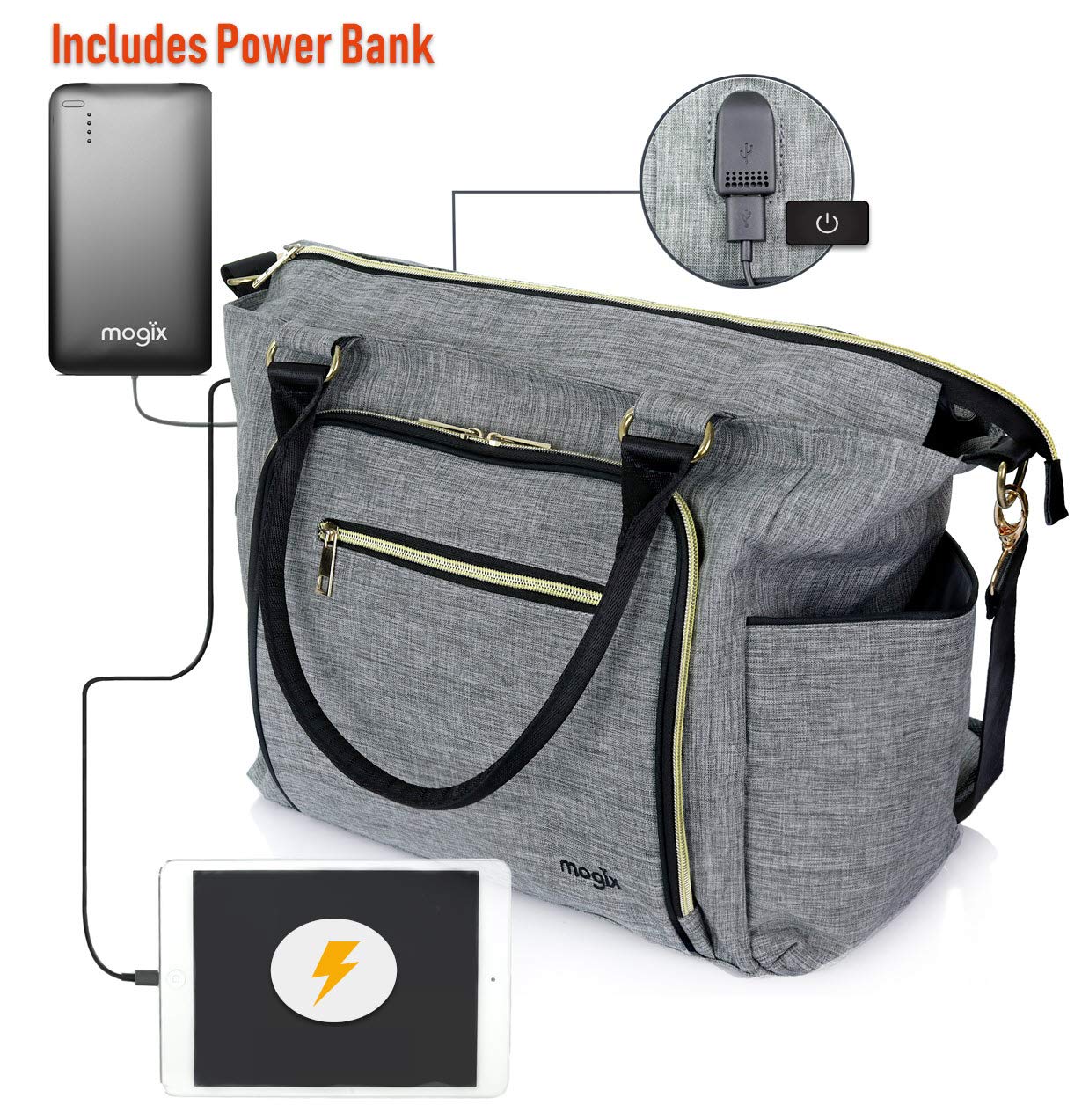 Mogix SMART Baby Diaper Bag with Portable Phone Charger, Changing Pad, Wet Dry Bag, Stackable Snack Container and Power Pack