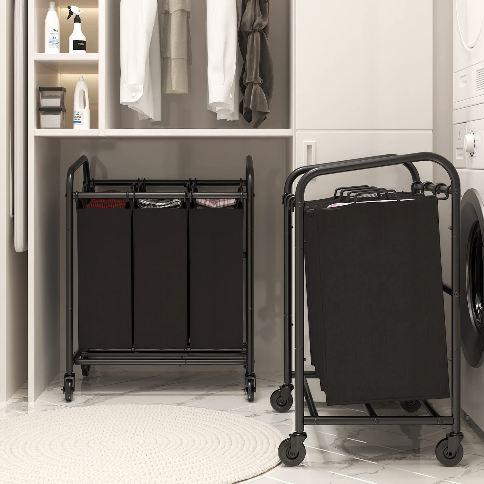 Wisdom Star 3 Bag Laundry Sorter Cart, Laundry Hamper Sorter with Heavy Duty Rolling Wheels and Removable Bags for Clothes Storage,Laundry Organizer Laundry Basket Laundry Clothes Hamper, Black