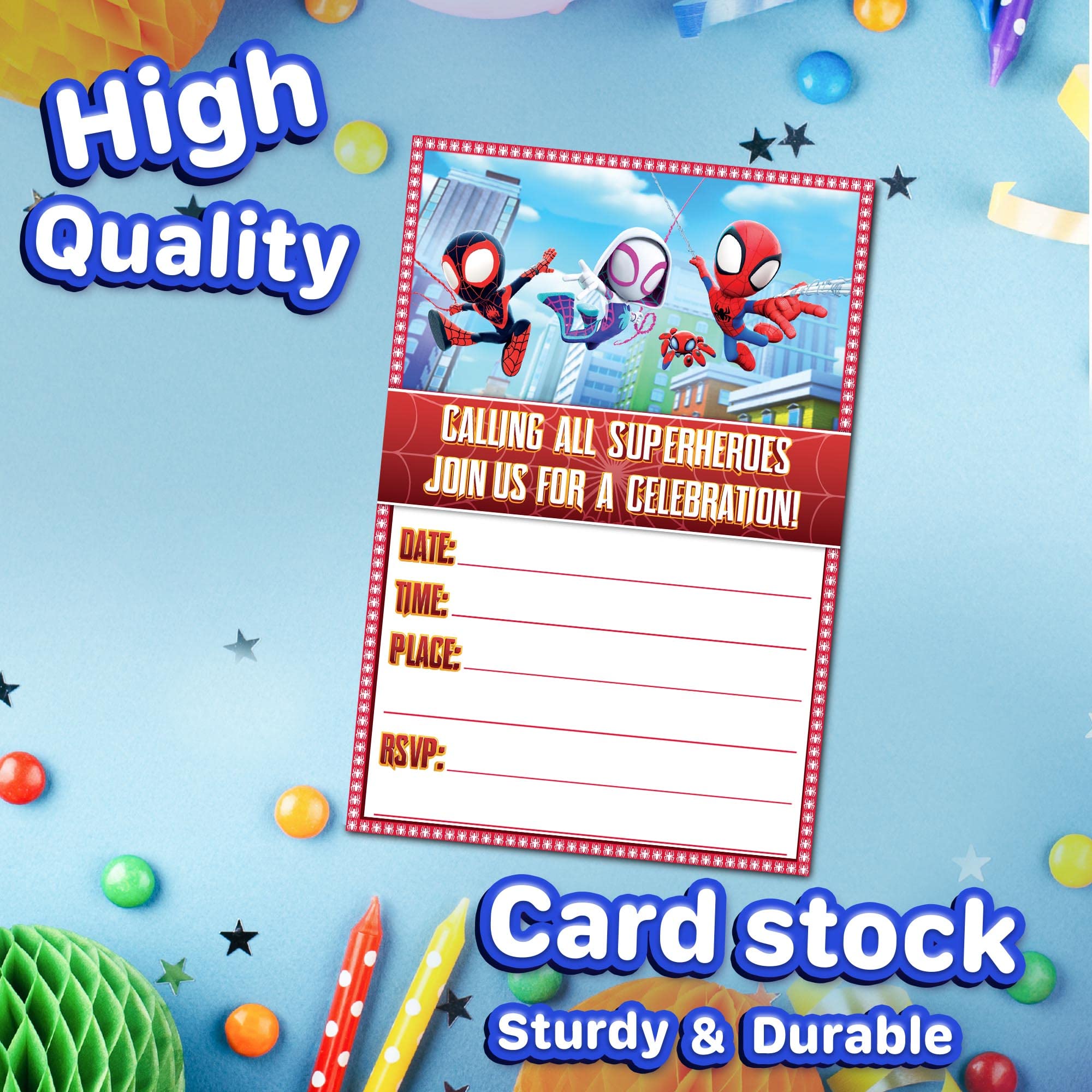 Set of 20 Spidey -Themed Happy Birthday Invitation Cards & Envelopes - Lightweight (240g), Postcard Style Invites for the Perfect Party Pack