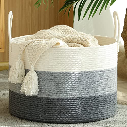 KAKAMAY Large Cotton Rope Blanket Basket (20"x13"),Woven Baby Laundry Hamper,Blanket Basket for Nursery, Laundry, Living Room, Pillows, Toys (White/Beige/Grey)