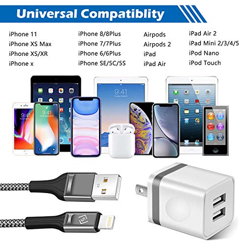 WHIRELEAST iPhone Charger Cable 10 FT with Wall Plug, Braided Long iPhone Charging Cord + Dual USB Wall Charger Block Adapter Compatible with iPhone 12/11/11 Pro Max/XS/XR/X/8/7/6 Plus, iPad (4-Pack)