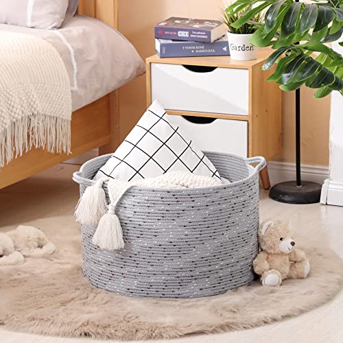 KAKAMAY Large Cotton Rope Blanket Basket (20"x13"),Woven Baby Laundry Hamper,Blanket Basket for Nursery, Laundry, Living Room, Pillows, Toys(Jute/Black)