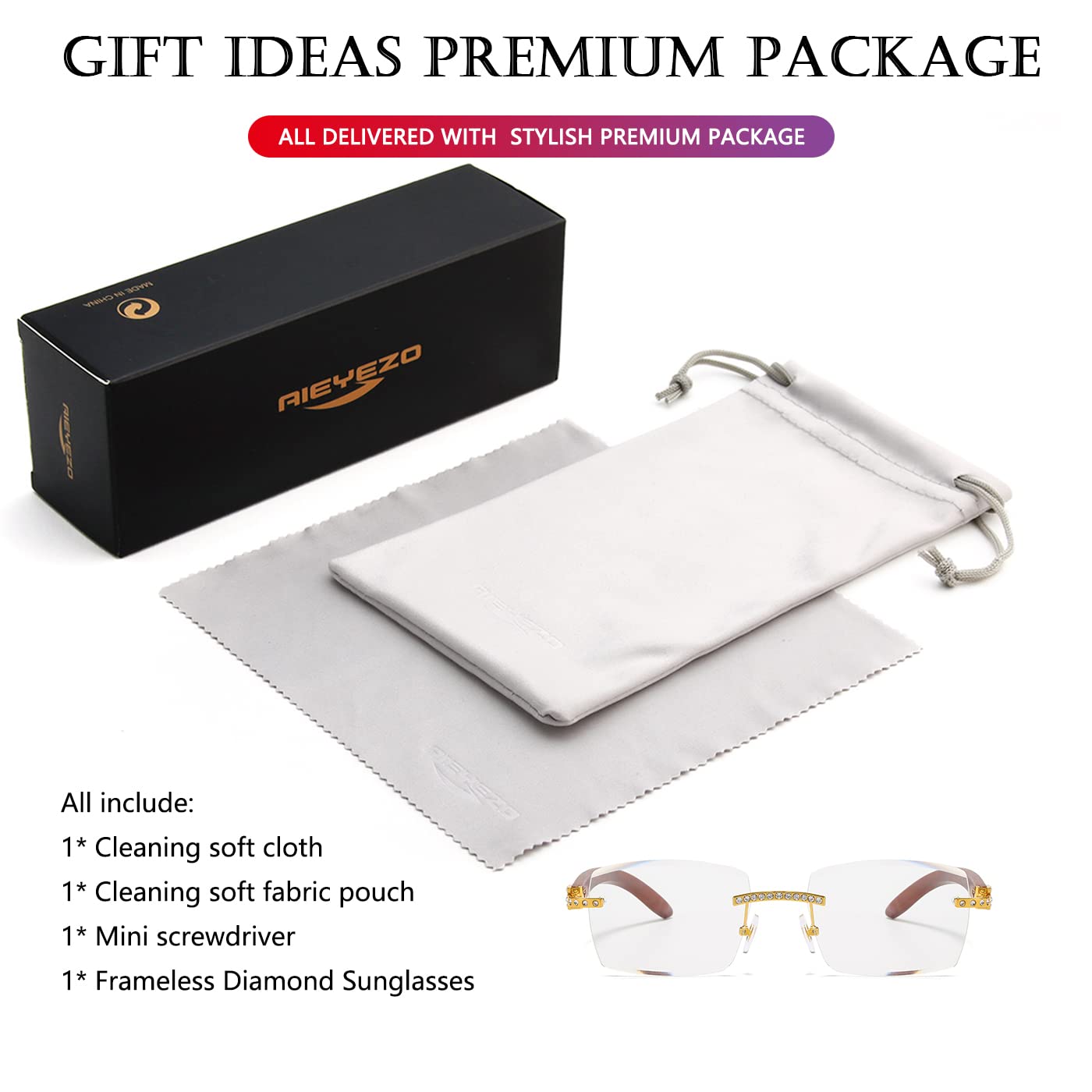 AIEYEZO Vintage Rimless Rectangle Sunglasses Fashion Crystal Diamond Sun Glasses Retro Square Frameless Eyewear (Gold/Transparent)