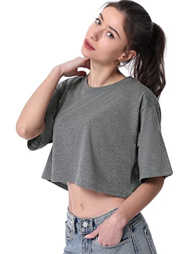 Cosy Pyro 4-Pack Women's Cotton Crop T-Shirts Short Sleeve Solid Cropped Athletic Top Round Neck Casual Workout Yoga Tees Black/White/Gray/Navy M