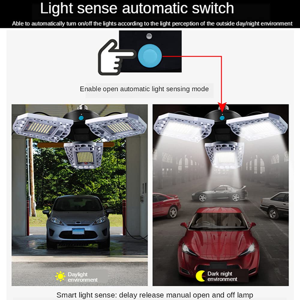 80W Deformable LED Ceiling Garage Lamp, Waterproof and Anti-Leakage Garage Lights with Automatic Light Control Sensor, with 3 Adjustable Panels, E27/E26 9600LM 6000K Daylight for Warehouse Barn (80)