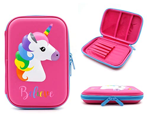 Pencil Case for Girls, 3D Cute EVA Unicorn Pen Pouch Stationery Box Anti-Shock Large Capacity Multi-Compartment for School with 4 unicorn pens