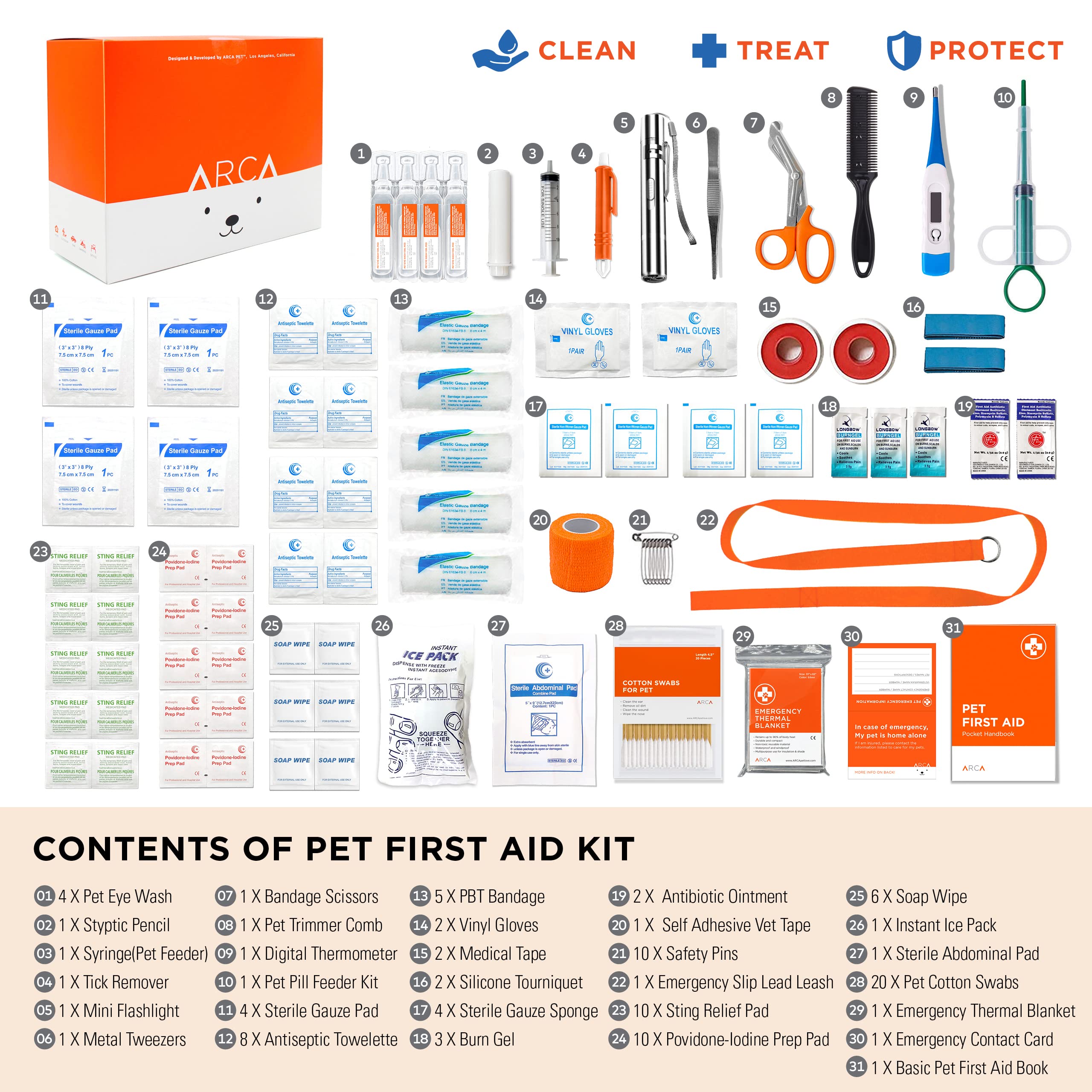 ARCA PET Cat & Dog First Aid Kit | Vet Approved |108-Piece Safety Essentials, Durable Case with Reflective Safety Strips, Includes Thermometer, Emergency Card and Pet First Aid Manual
