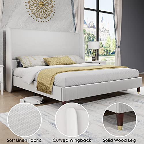 PaPaJet King Platform Bed Frame 51.2" High Headboard Linen Tall Upholstered Bed/No Box Spring Required/Wood Slat Support/Easy Assembly White