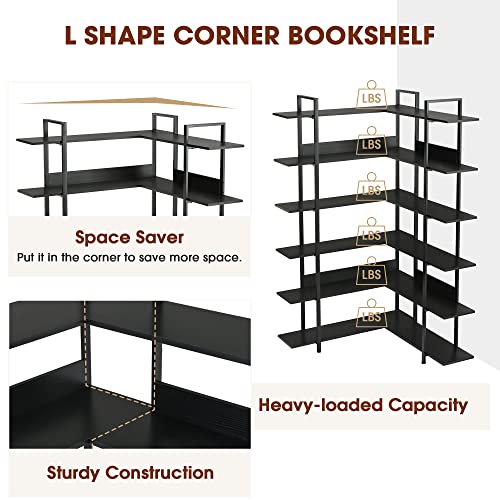 Corner Bookcase, 6-Tier L-Shaped Tall Bookshelf with Open Storage, Freestanding Industrial Shelf with Metal Frame for Home Office Funiture(Black)