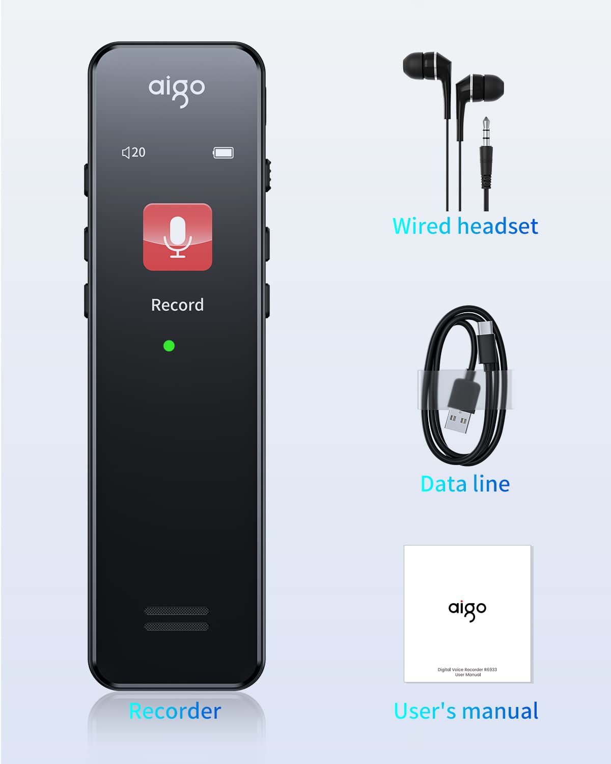 aigo 32GB Digital Voice Recorder 3072kbps one-Key Recording Password Protection 134 Hours Recording MP3 Player for Lectures Meetings Interviews