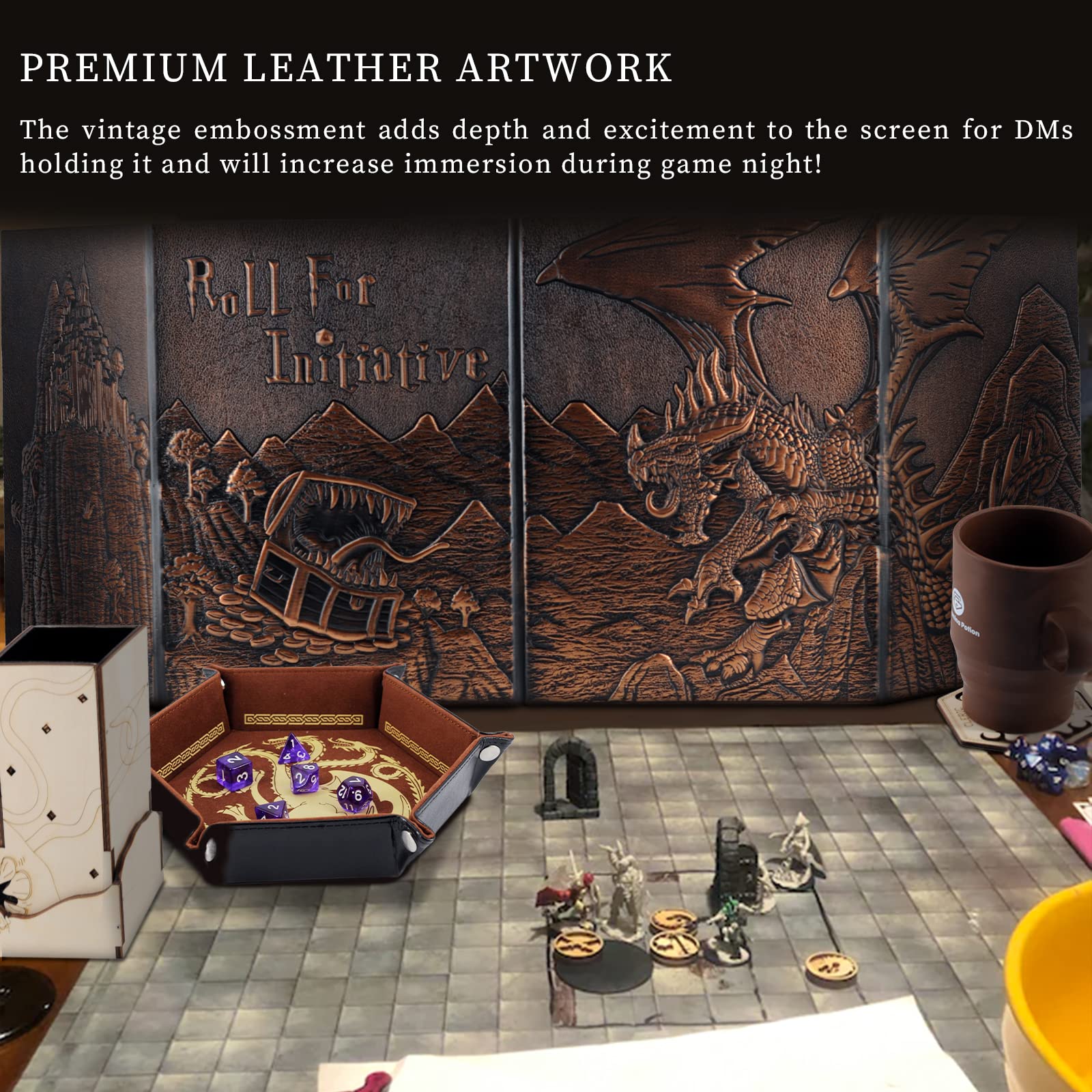 CZYY DND Dungeon Master Screen Faux Leather Embossed Dragon & Mimic, Four-Panel with Pockets DM Screen for Dungeons and Dragon, Pathfinder, D&D