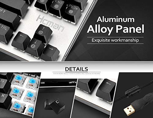 Hcman Mechanical Keyboard Blue Switches,21 LED Backlit Modes Gaming Keyboard,Metal Plate 100% Anti-ghosting for Computer PC & Mac Gamers (Silver)