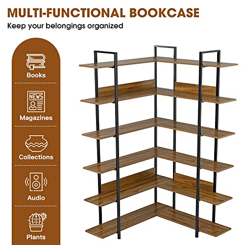 Corner Bookshelf 6-Tier L Shaped Bookcase, Industrial Home Office Open Storage and Display Rack Shelves, Metal Frame
