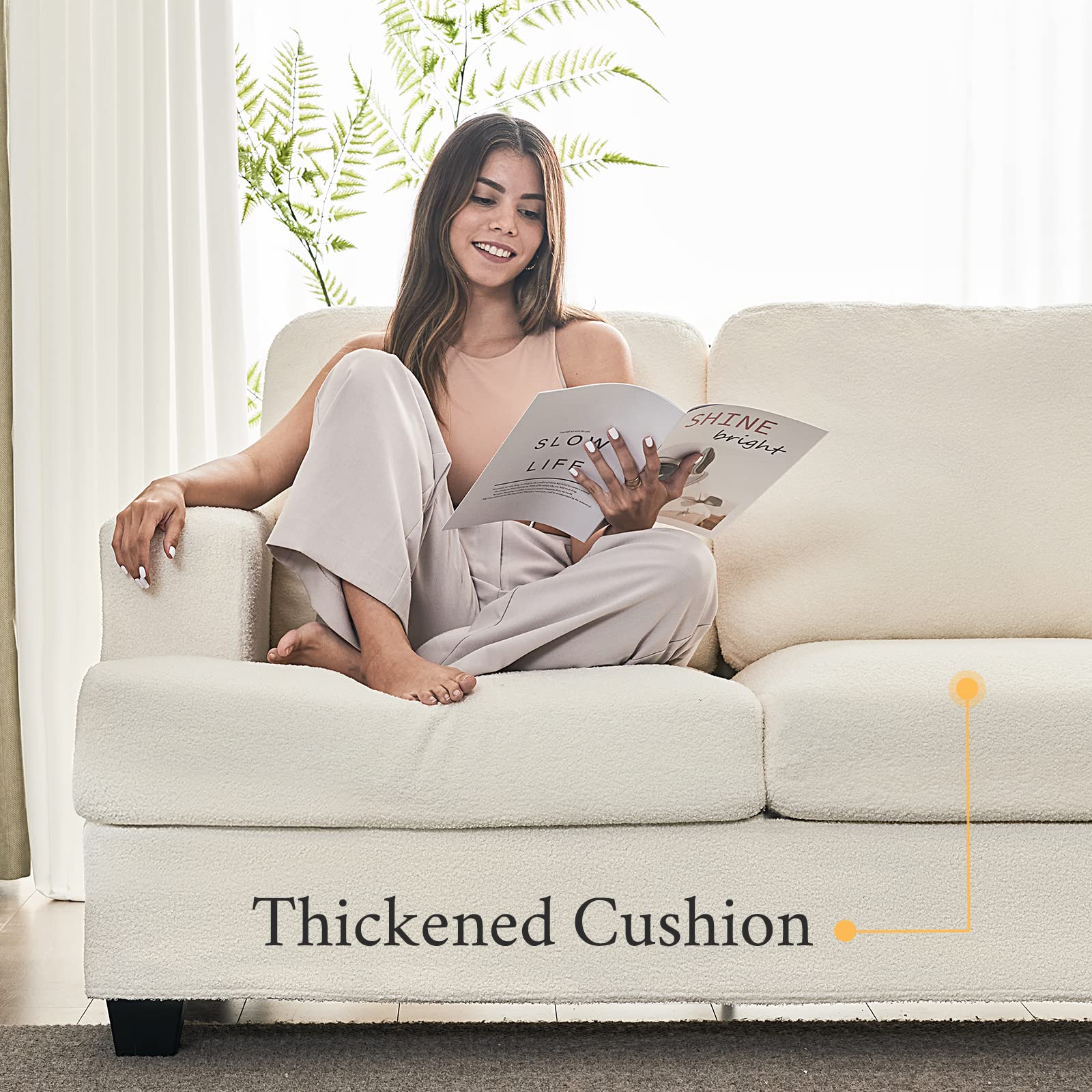 AMERLIFE Couch, Modern Sofa with Extra Deep Seats, Comfy Sofa- Offwhite Bouclé Armchair, Couch for Living Room Apartment Lounge
