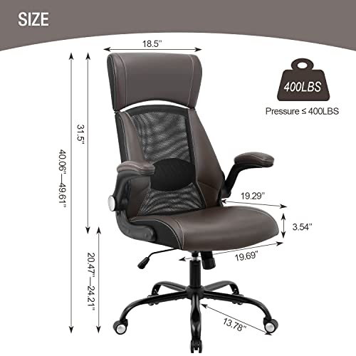 Executive Office Chair, Ergonomic Leather Desk Chair - Widened Adjustable Headrest with Flip-Up Arms, High Back Computer Swivel Task Chair with Lumbar Support for Home Office, Brown (Brown, Large)