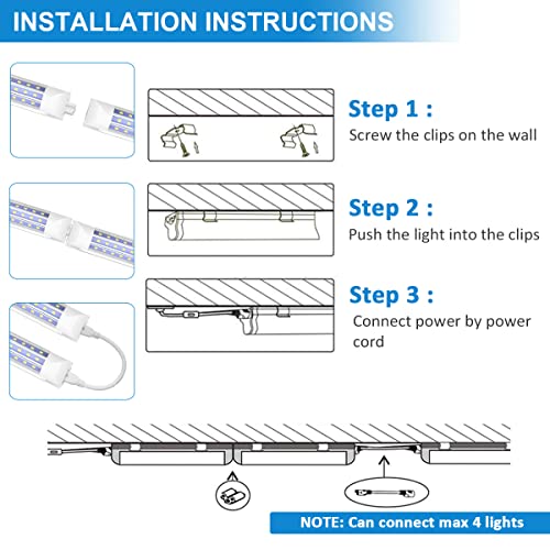 SHOPLED 8FT LED Shop Light Fixture, 90W 11700LM 6000K Cool White, D Shape, High Output, Clear Cover, T8 Linkable 8 Foot LED Tube Light for Garage with Plug, Warehouse, Workshop, 4 Pack