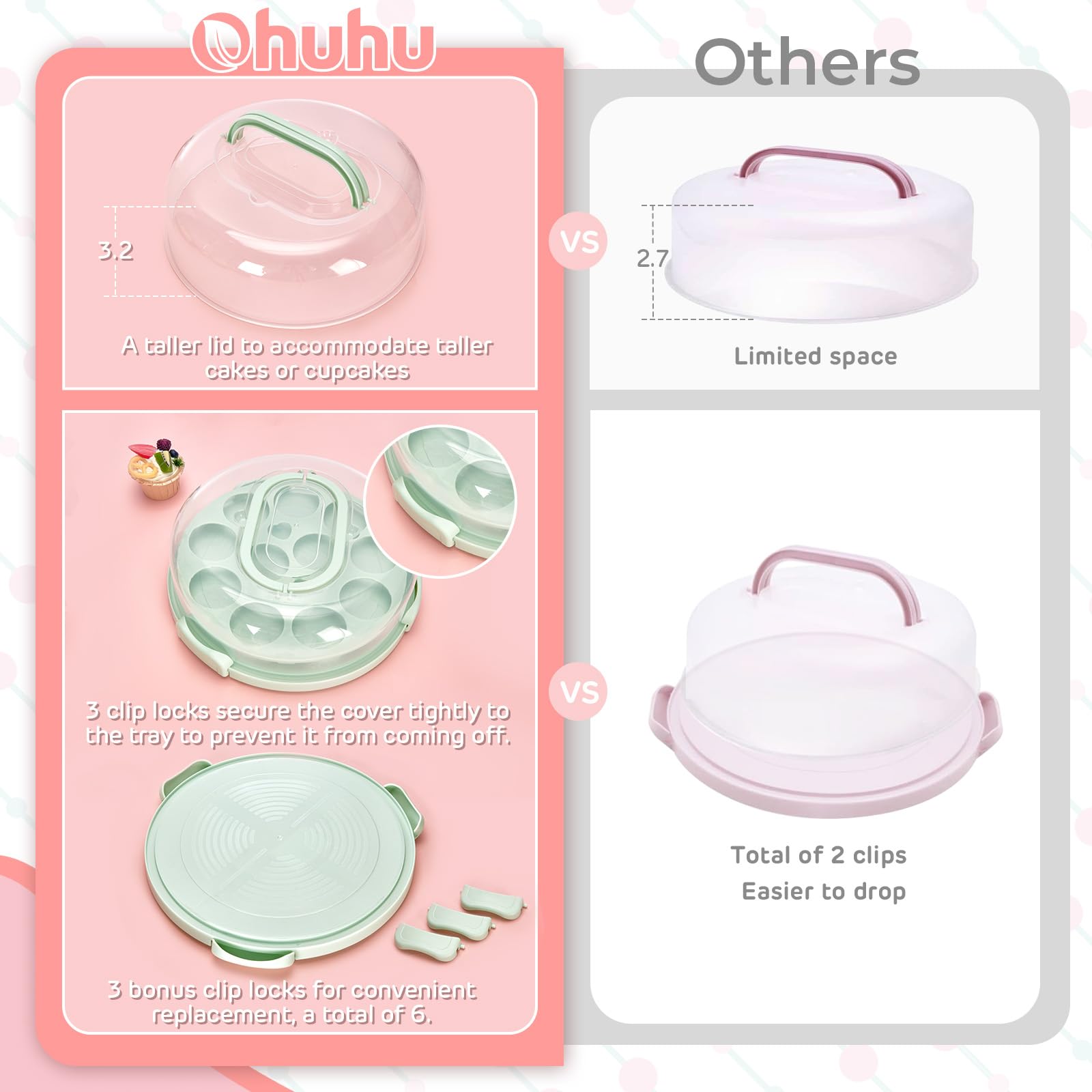 Ohuhu Cheesecake Container, Cake Pie Carrier BPA-Free up to 10'' Cake - Cupcake Containers with Lid and 2 Handles 4-in-1 Multipurpose Cake Keeper Holder Platter for Pie Devil Eggs Mothers Day Gifts