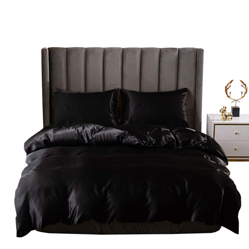 Black Silk Comforter Cover Set Full Size Silk Like Satin Duvet Cover Set Solid Color Decor Soft Microfiber Women Bedding Sets With Zipper Ties Soft Luxury Duvet Cover Set For Adult Women Men Girls