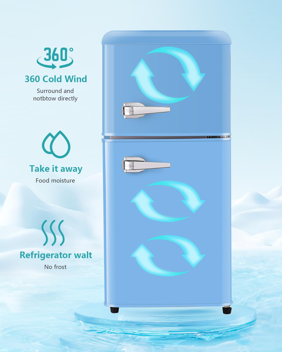 EUASOO FLS-80-Blue 3.5Cu.Ft Compact Refrigerator, Small Refrigerator with freezer, Retro Fridge with Dual Door, 7 Level Adjustable Thermostat for Garage, Dorm,Bedroom, Office