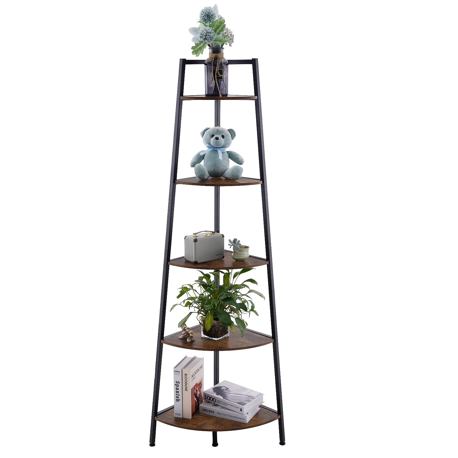 NAIYUFA Industrial Corner Shelf Stand,5 Tier Corner Shelf,Modern Corner Bookshelf Small Bookcase, Rustic Tall Corner Ladder Bookcase Plant Stand for Living Room,Kitchen,Home Office
