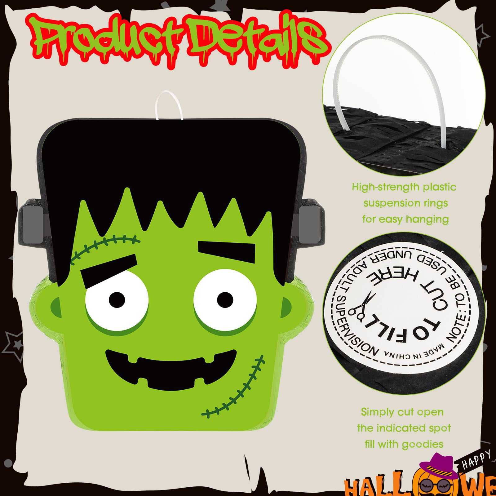 Aoriher Halloween Piñata Green People Piñata Devil Piñata Mexican Piñata with Stick Blindfold for Halloween Birthday Fiesta Game Supplies