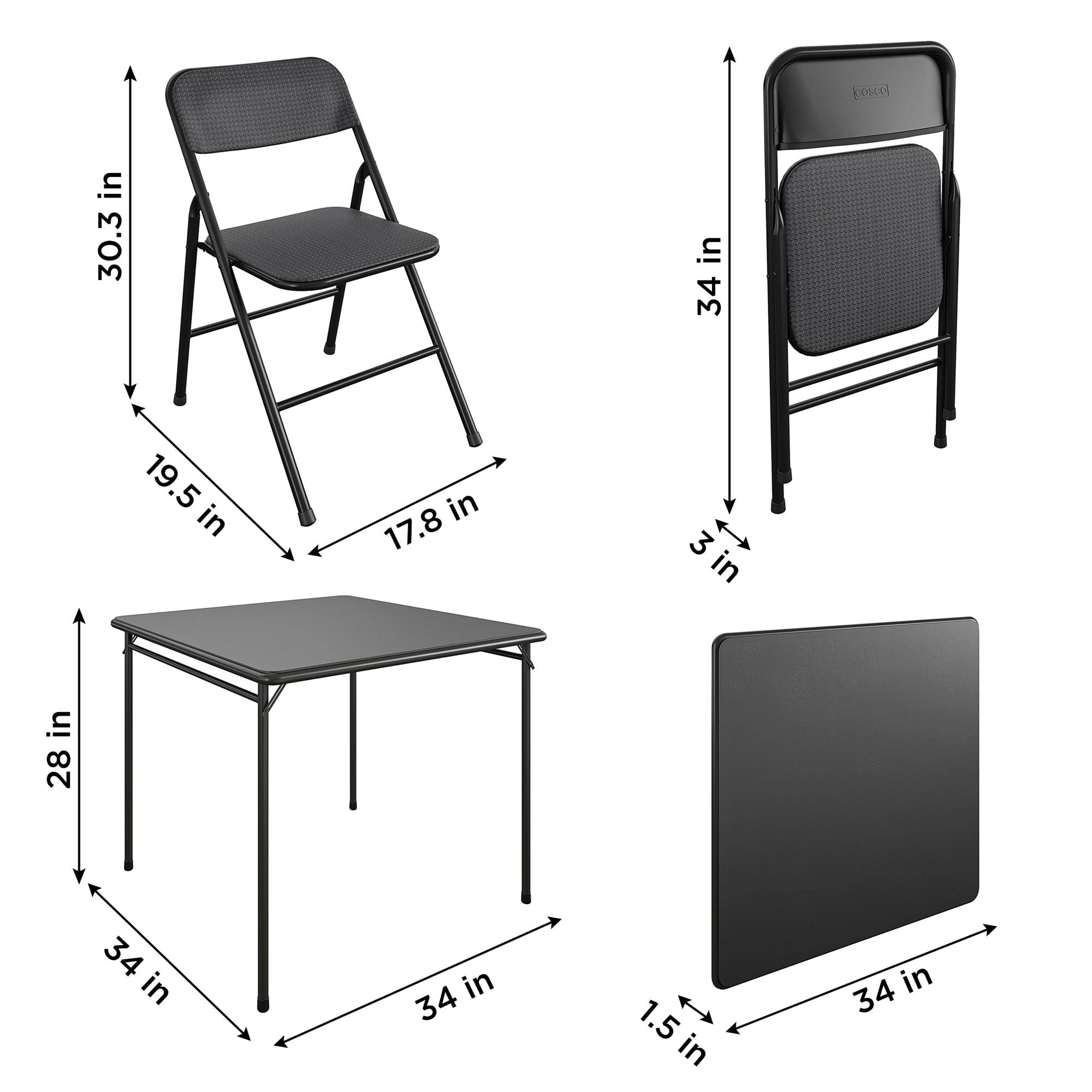 CoscoProducts COSCO Premium 5-Piece Table & Chair Dining Set, with 34" Vinyl Top Card Table and 4 Fabric Padded Seat & Back Folding Chairs, Black