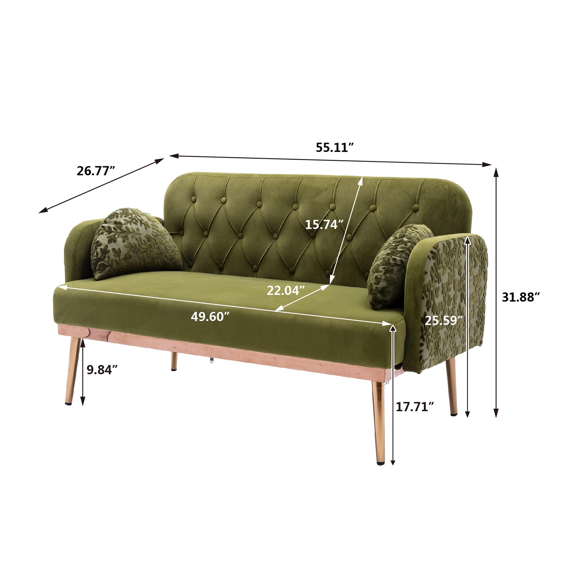 HomSof Velvet Sofa Chair, Small Couch for Bedroom, Red Loveseat Sofa with Metal feet, 2 Pillows Included