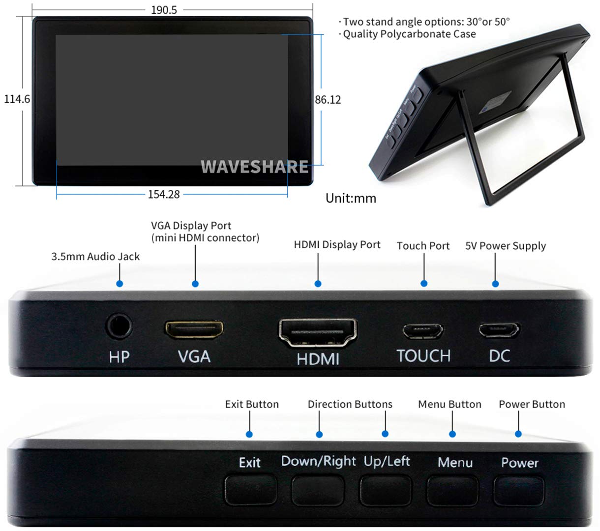 7inch HDMI LCD (H) (with case) Capacitive Touch Screen 1024x600 IPS Display Monitor with Toughened Glass Cover Support All Raspberry Pi 4B/3B+/3B/2B/Zero/Jetson Nano/Banana Pi/Windows 10/8/7