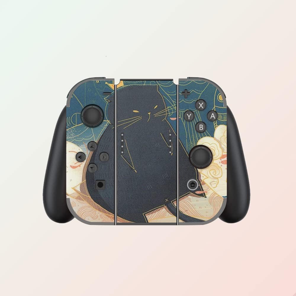 BelugaDesign Fat Cat Switch Skin | Pastel Sticker Wrap Vinyl Decal | Cute Kawaii Animal Leaves Cartoon Full Set Compatible with Nintendo Switch (Switch Standard, Multicolored)