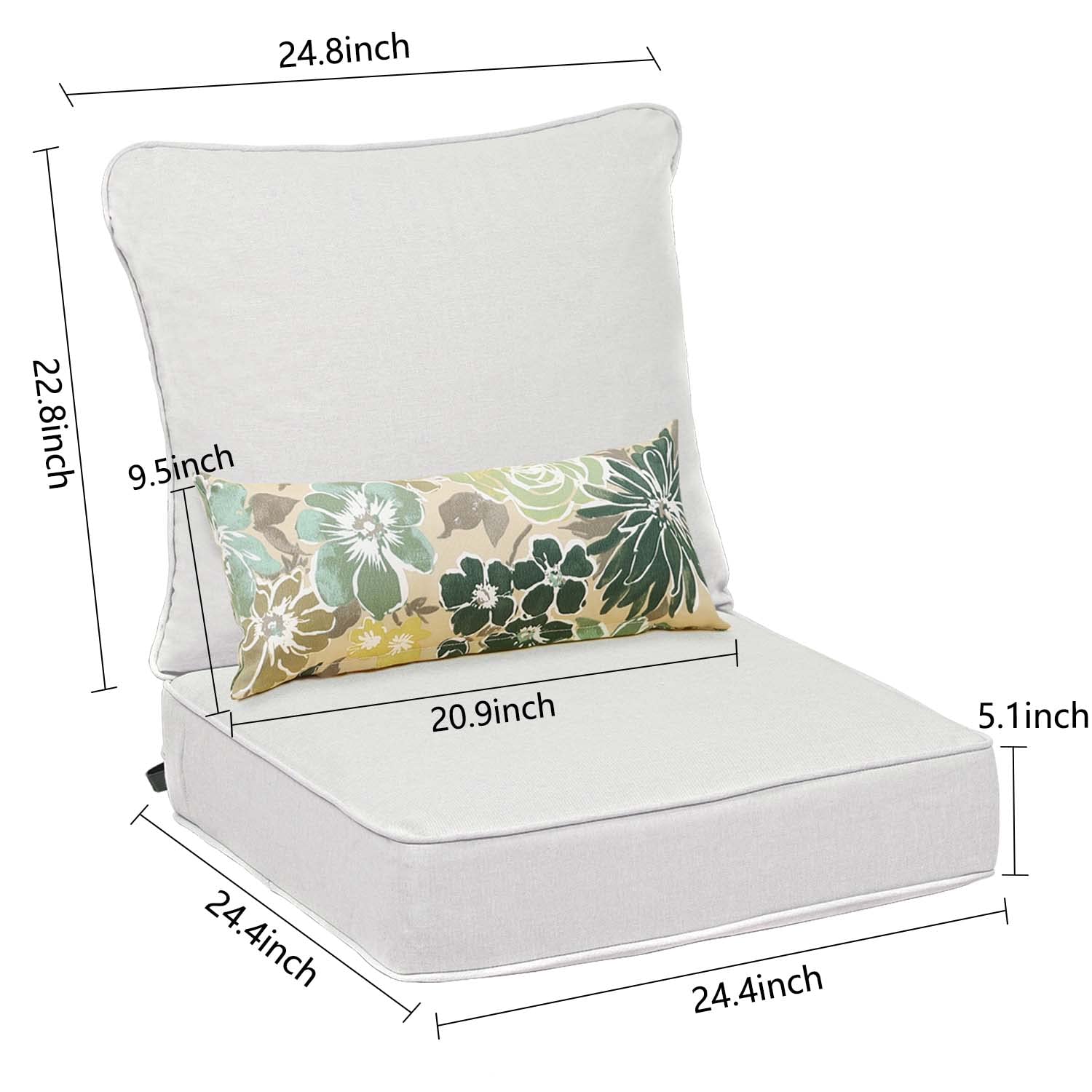 Aoodor 24'' x 24'' Outdoor Deep Seat Chair Cushion Set,Olefin Fabric Slipcover and Sponge Foam- Light Gray (Set of 2 Seats, 2 Backs, 2 Pillows)
